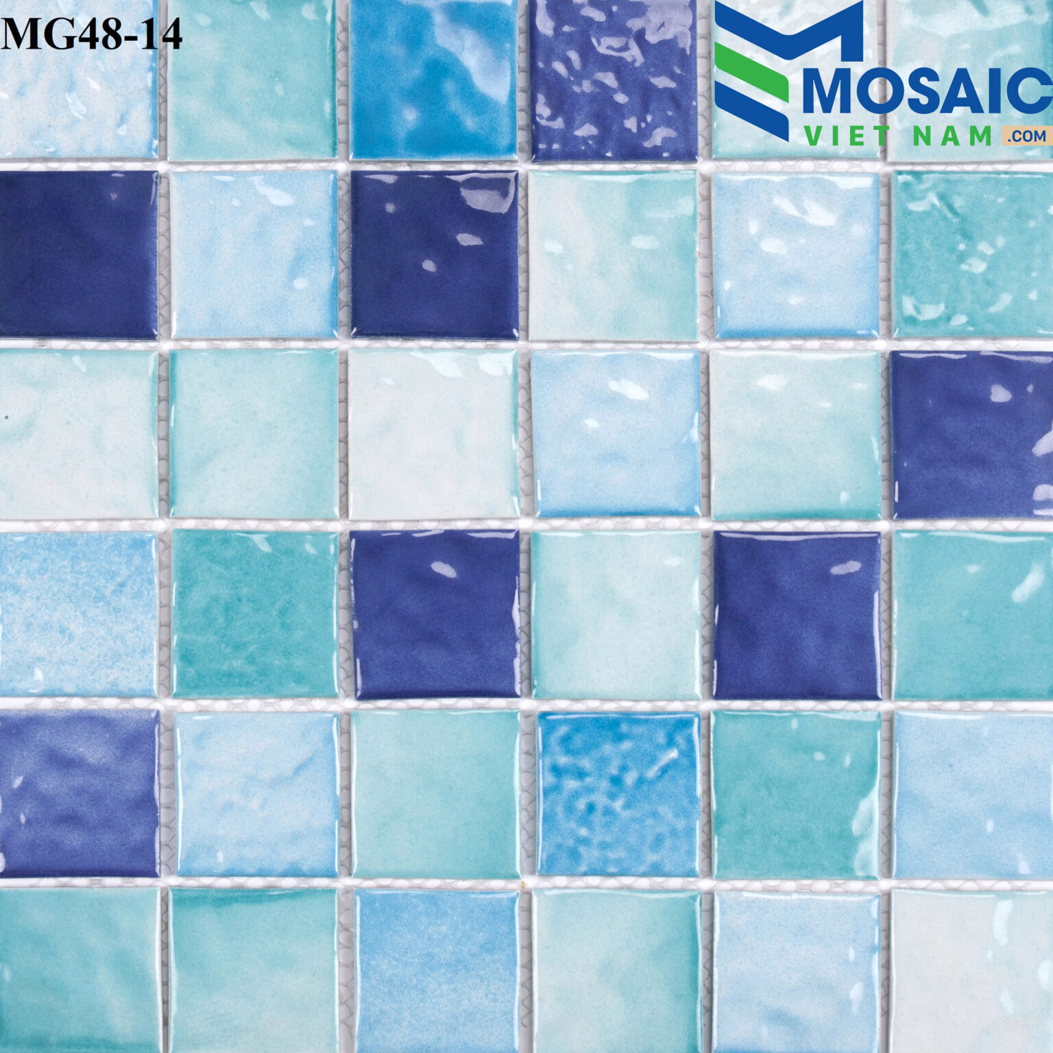 Gạch Mosaic Gốm Sóng Biển 3 màu xanh trộn 48x48x6mm MG48-14